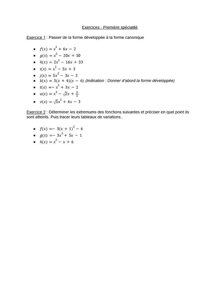 Exercice Second Degré Forme Canonique | PDF
