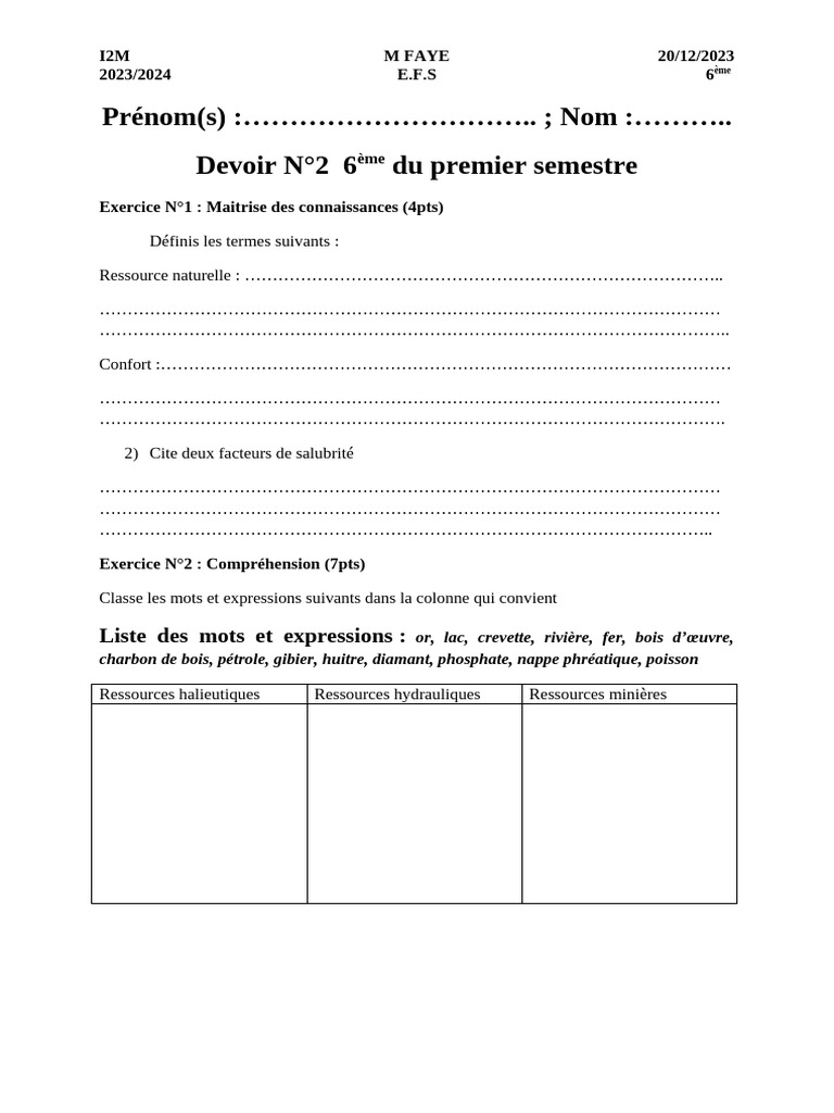 Devoir N2 6ème I2M_113206 | PDF