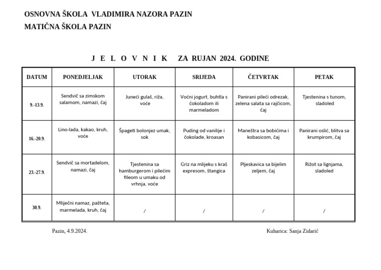 Jelovnik Marende 09 2024 | PDF