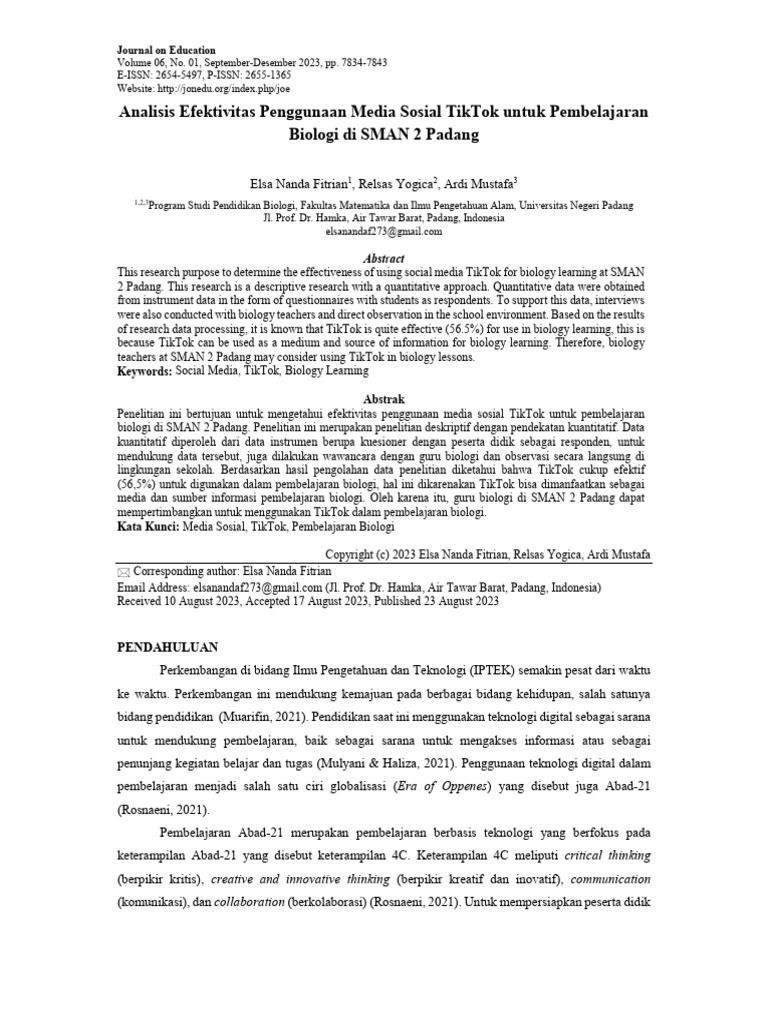 Analisis Efektivitas Penggunaan Media Sosial TikTok Untuk Pembelajaran Biologi Di SMAN 2 Padang ...