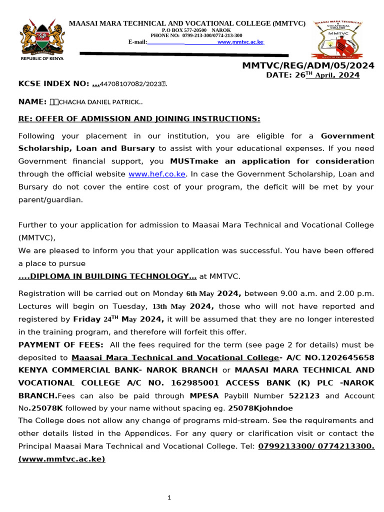 MMTVC Admission Offer and Instructions | PDF | Cafeteria | Technology ...