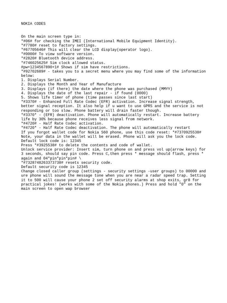 All Nokia Secret Codes | PDF