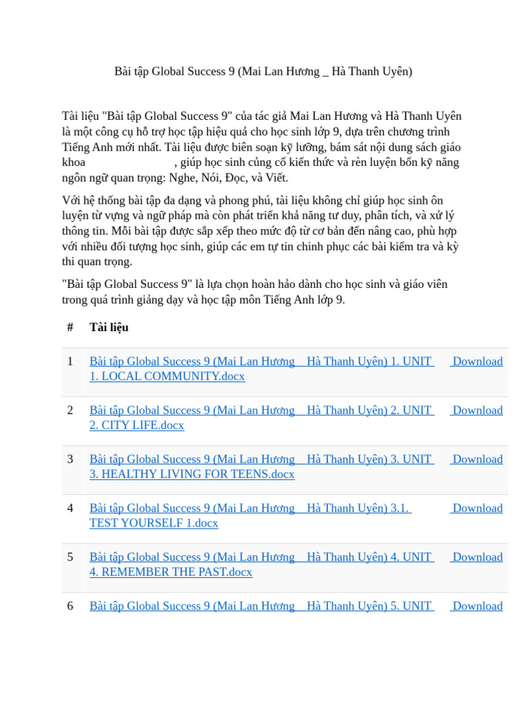 Bài Tập Global Success 9 (Mai Lan Hương _ Hà Thanh Uyên) File w | PDF