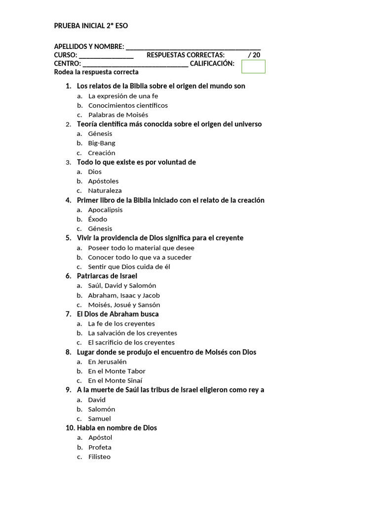 2º ESO. Prueba inicial | PDF