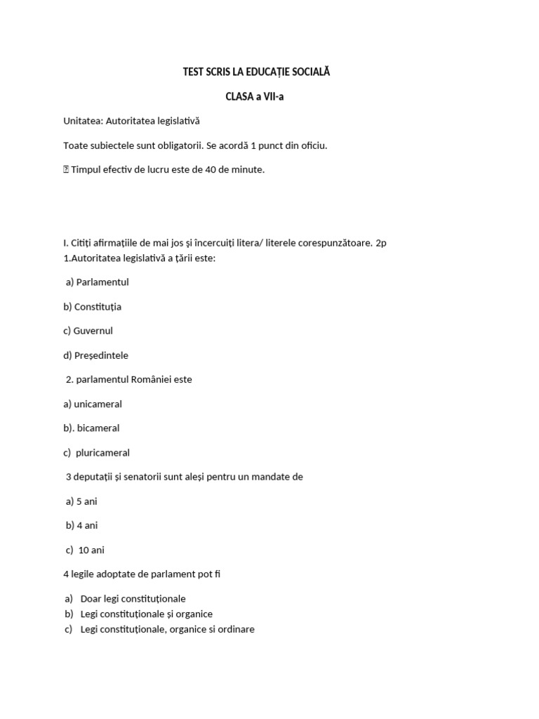 Test Evaluare La Educatie Sociala Autoritatea Legislativa | PDF