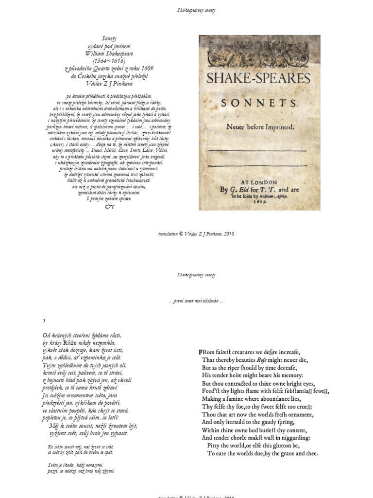 William Shakespeare - Sonety (Prel. Václav Pinkava) | PDF