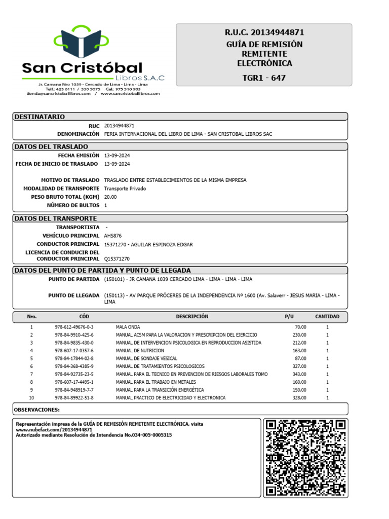 Guía Remisión TGR1 647 | PDF