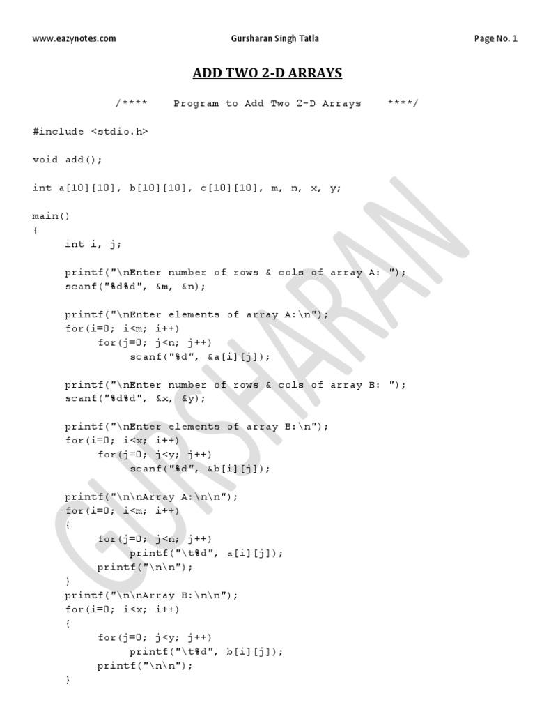 Add Two 2-D Arrays in C | PDF | Technology & Engineering