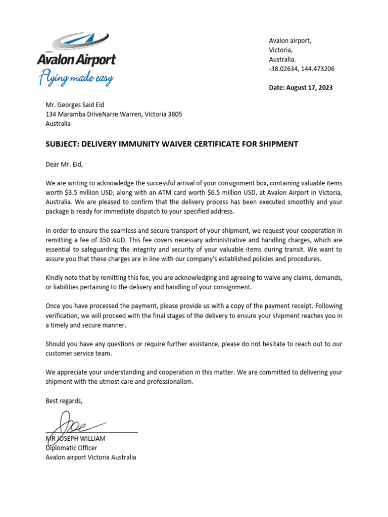 Delivery Immunity Waiver Certificate For Shipment | PDF