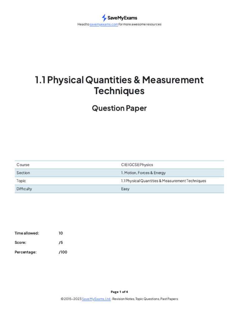 1.1 Physical Quantities & Measurement Techniques P2E (Vinita Sahu, 9D) | PDF