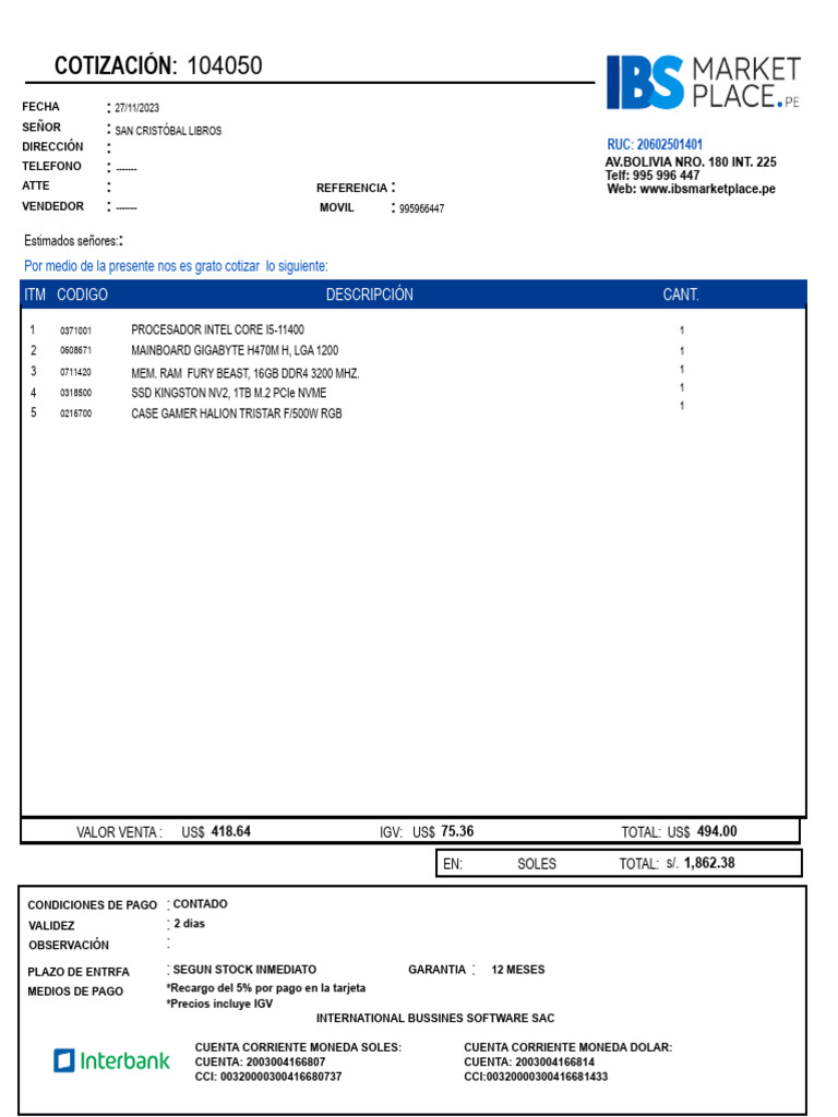Cotizacion CPU 4050 | PDF