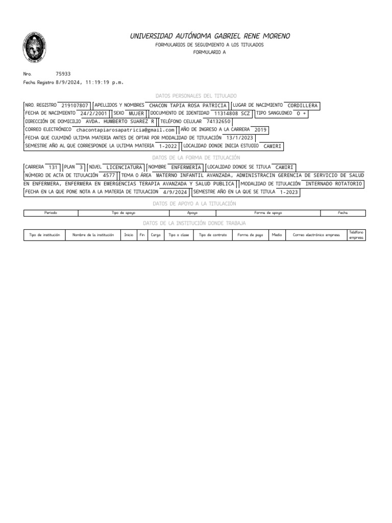 UAGRM Formulario Rosa Patricia Chacon | PDF