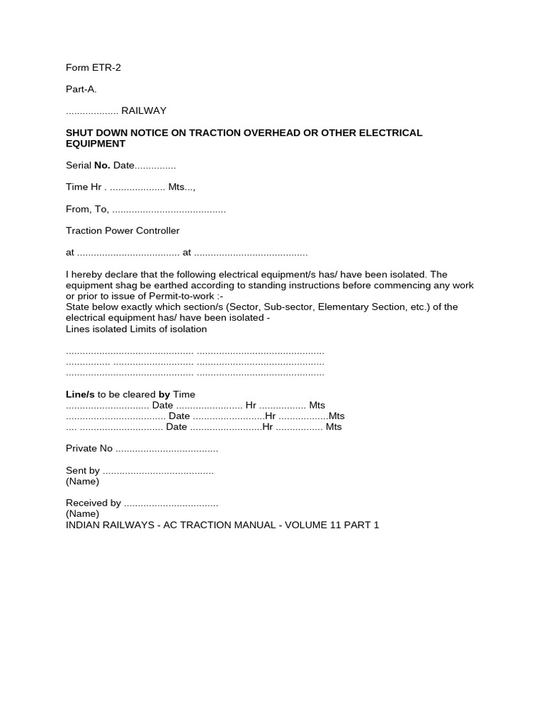 Shut Down Notice On Traction Overhead or Other Electrical Equipment | PDF