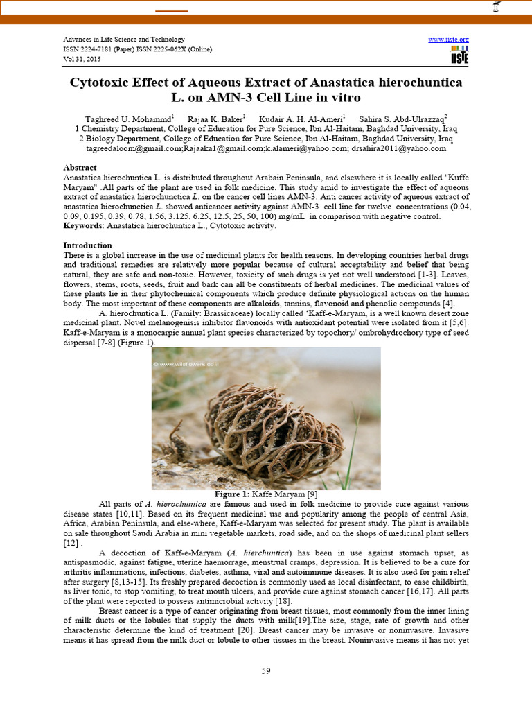 Cytotoxic Effect of Aqueous Extract of Anastatica Hierochuntica L. On ...