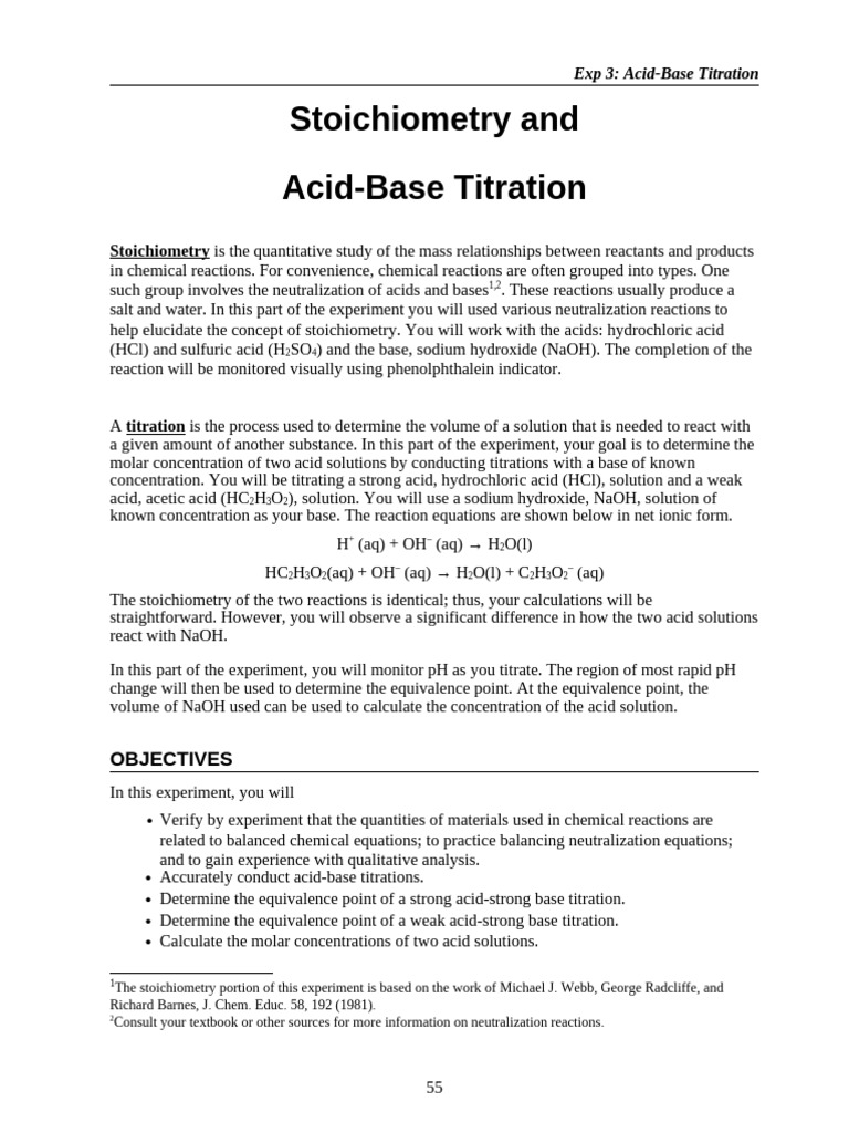 Experiment 3 - Stoichiometry and Acid-Base Titrations Revised | PDF ...