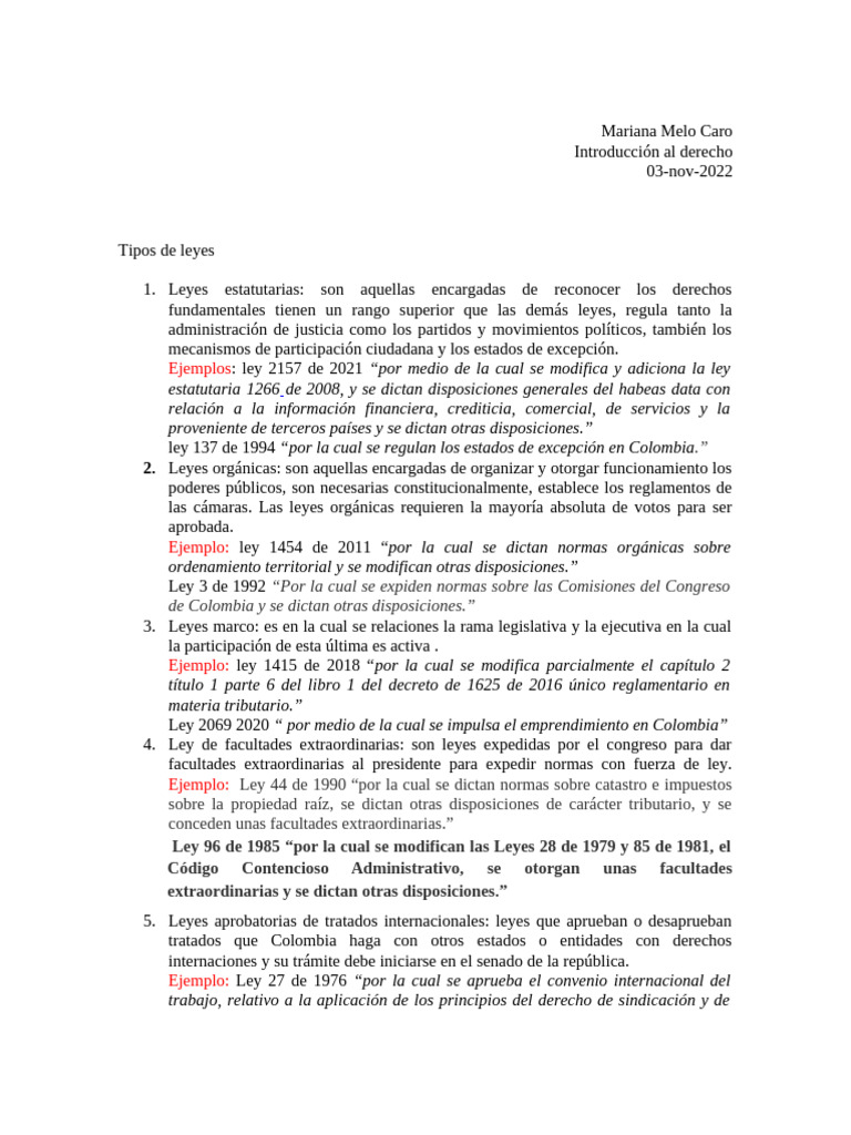 Mariana Melo Caro Tipos de Leyes | PDF