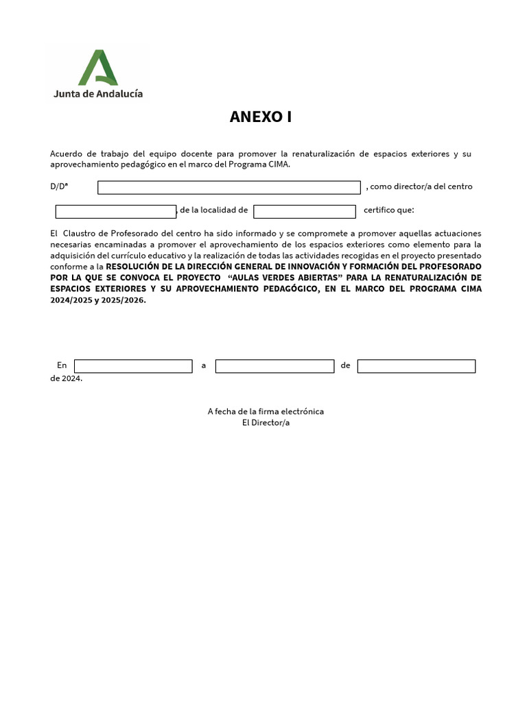Anexo I. Acuerdo de Trabajo Del Equipo Docente para La Participación en El Proyecto Aulas Verdes ...