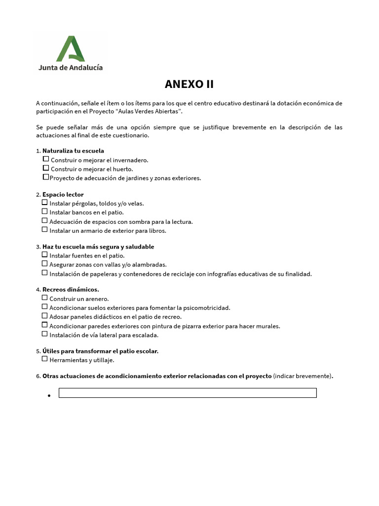 Anexo II. Autorellenable para La Participación en El Proyecto Aulas Verdes Abiertas 24-25 | PDF