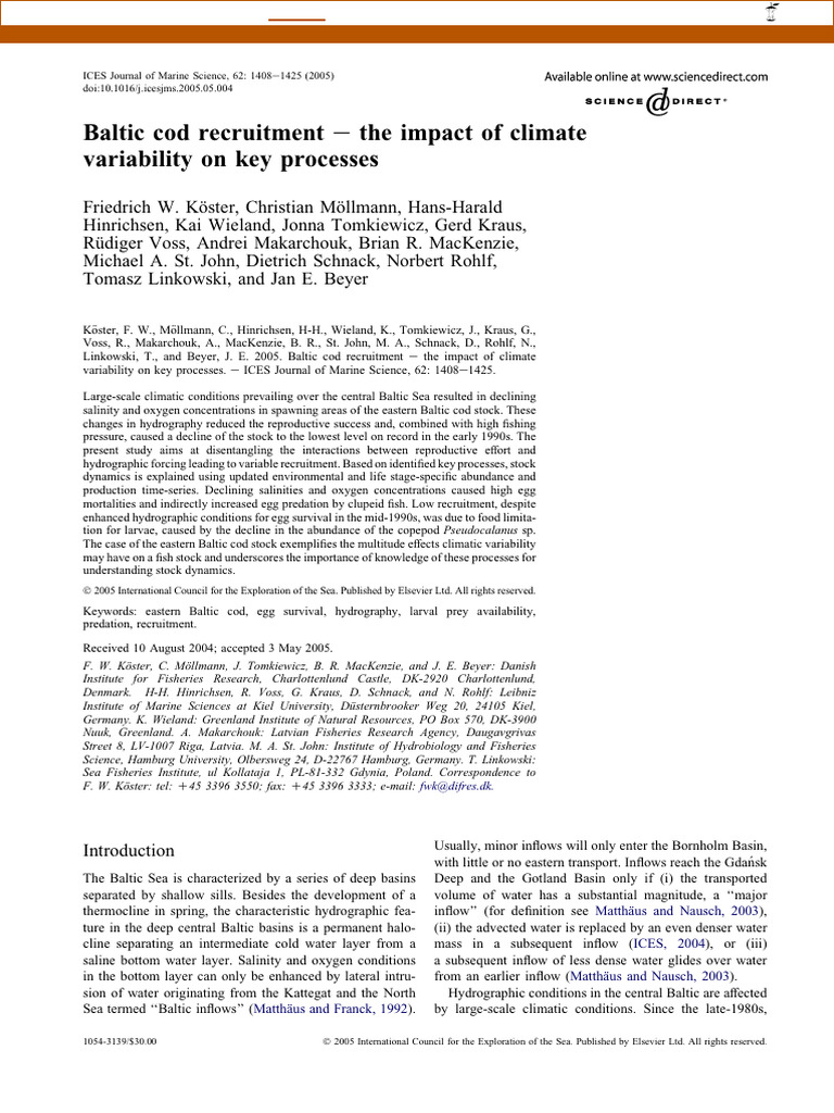 Baltic Cod Recruitment The Impact of Climate Variability On Key ...