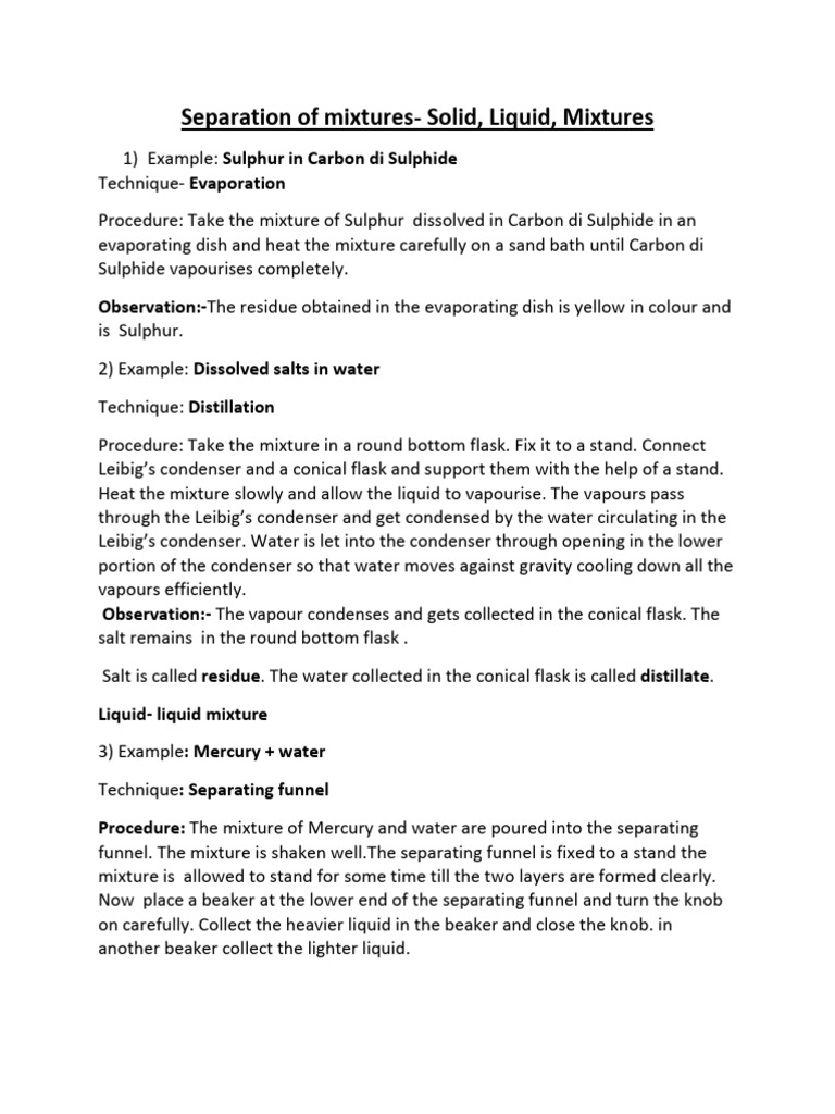 Separation techniques of mixtures Solid, liquid, mixtures | PDF