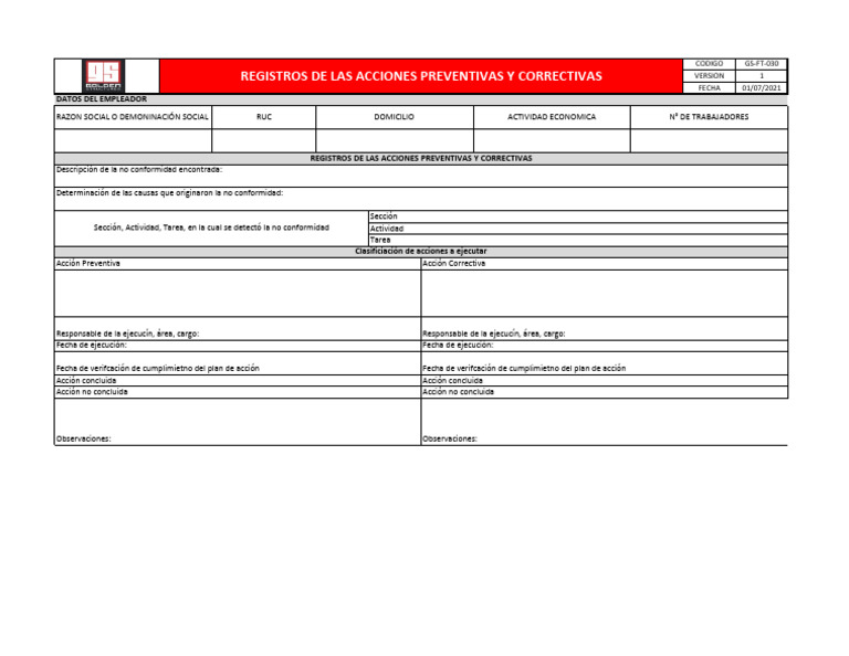 Registro de No Conformidades, Acciones Preventivas y Correctivas. | PDF