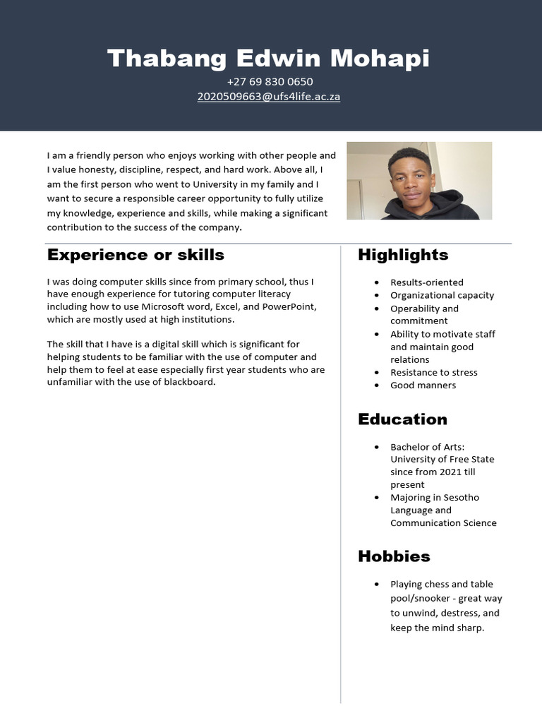 Thabang Edwin Mohapi Resume | PDF