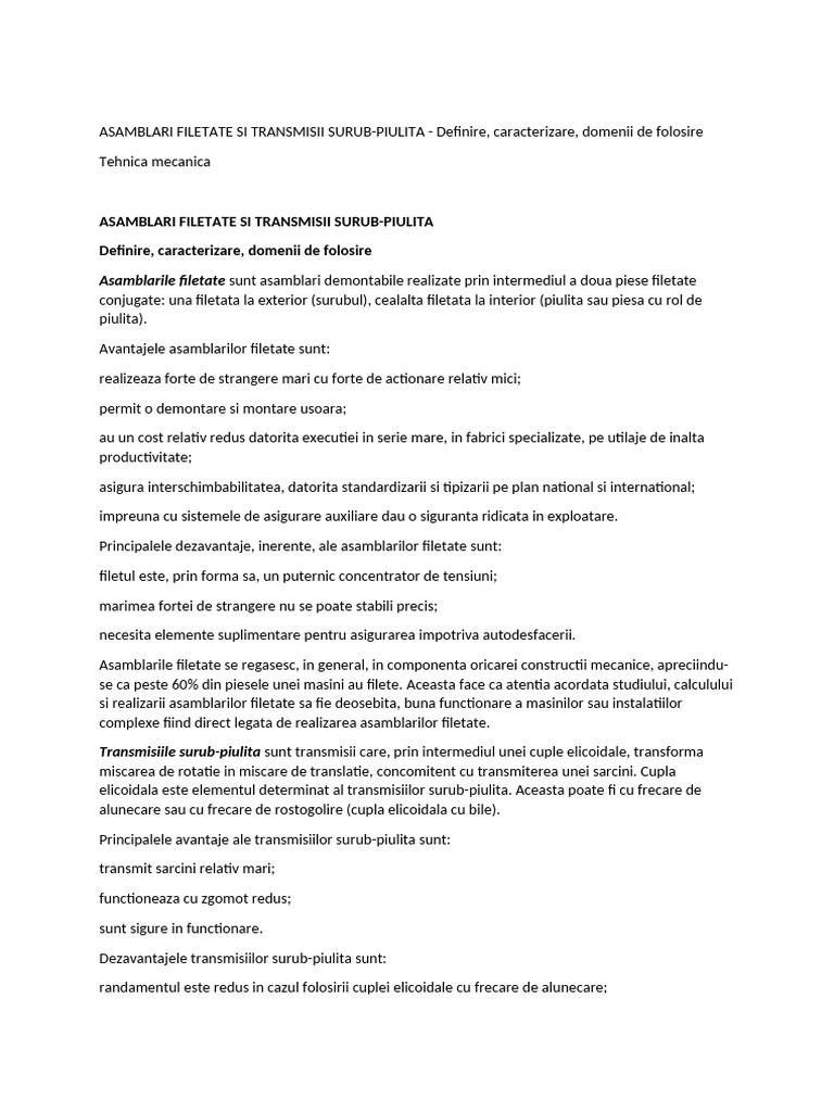 Asamblari Filetate Si Transmisii Surub | PDF