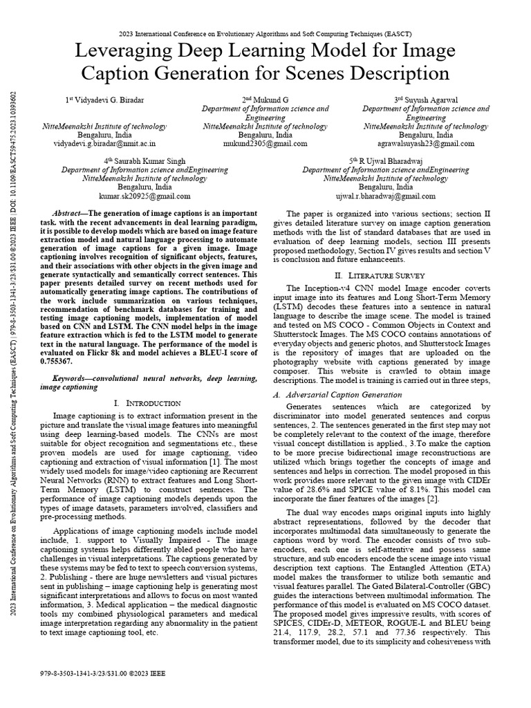 Leveraging Deep Learning Model For Image Caption Generation For Scenes Description | PDF