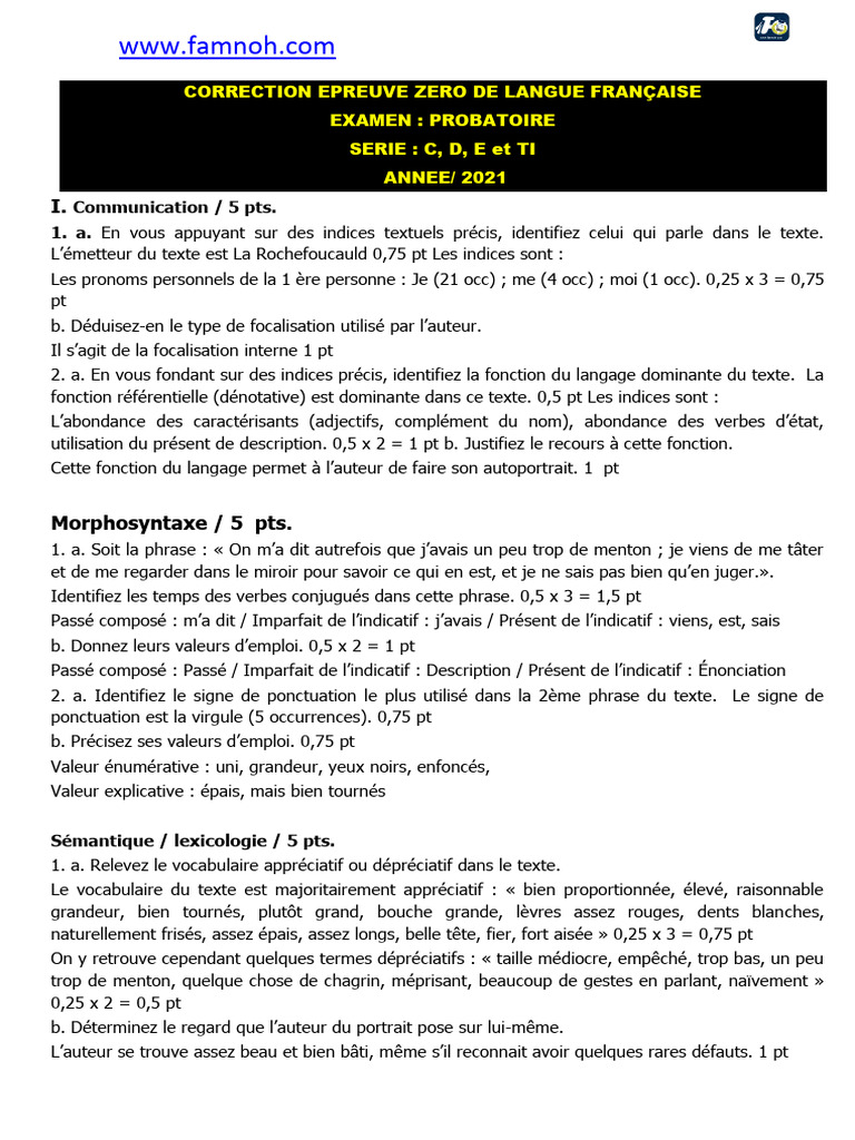 Correction Epreuve Zero de Langue Française Examen Probatoire Serie C ...