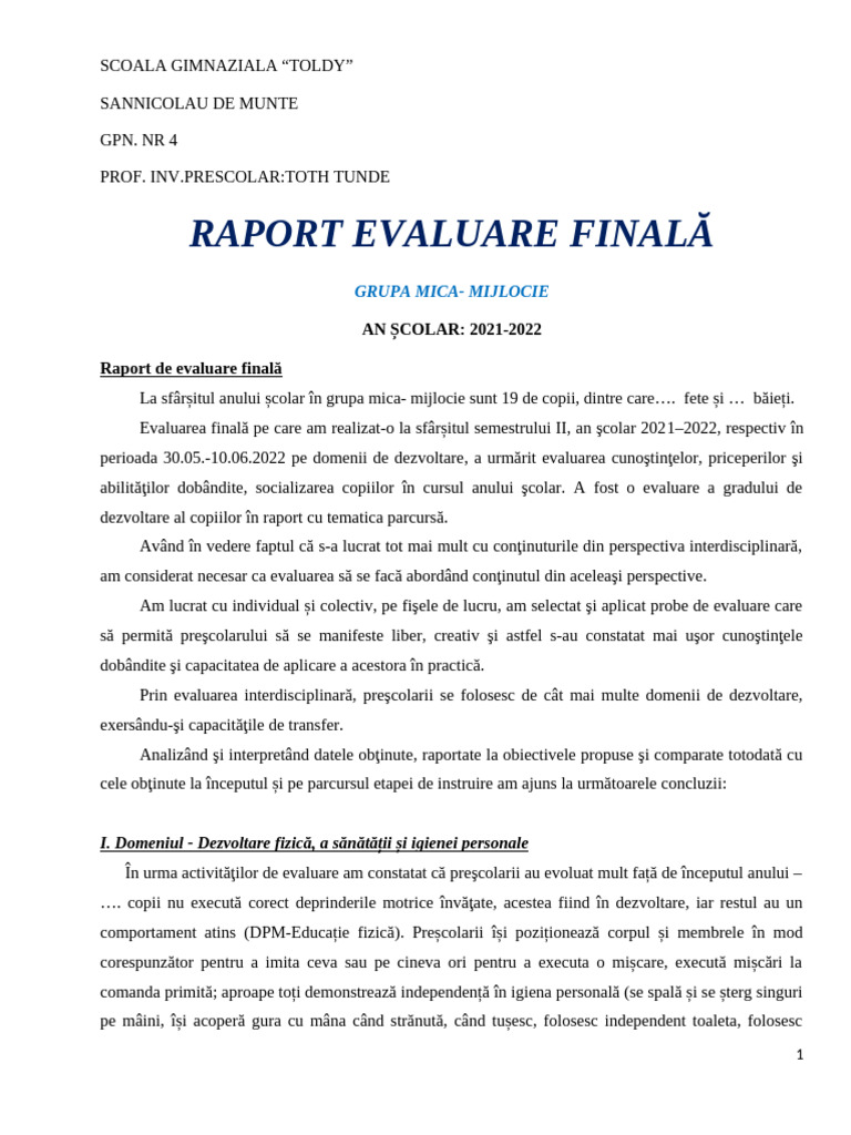 Evaluare Finala Raport Grupa Mijlocie | PDF