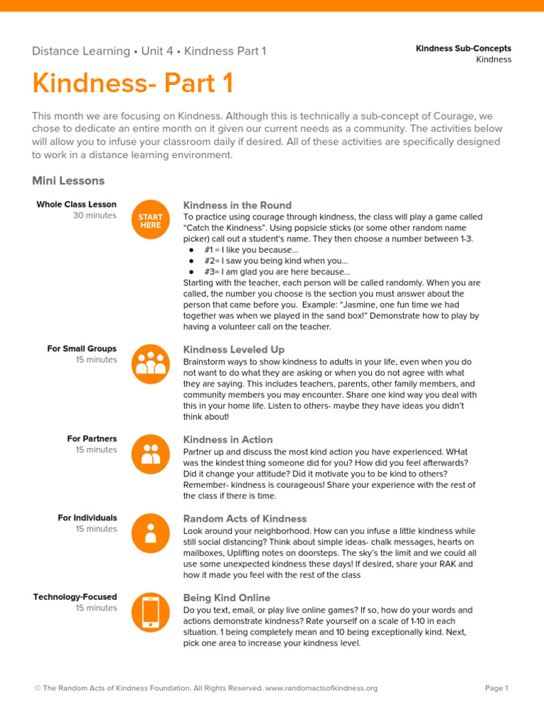 Distance Learning Mini-Lesson Kindness Part 1 | PDF