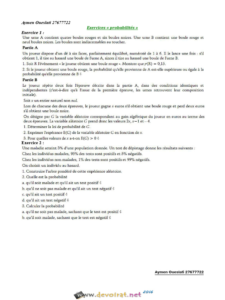 Série D'exercices - Math - Probabilités - Bac Toutes Sections (2015 ...