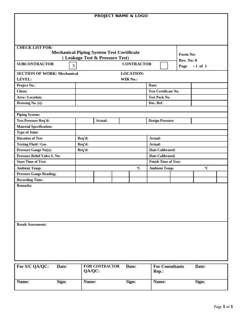 Check list for Pressure Testing of Clean Agent system | PDF