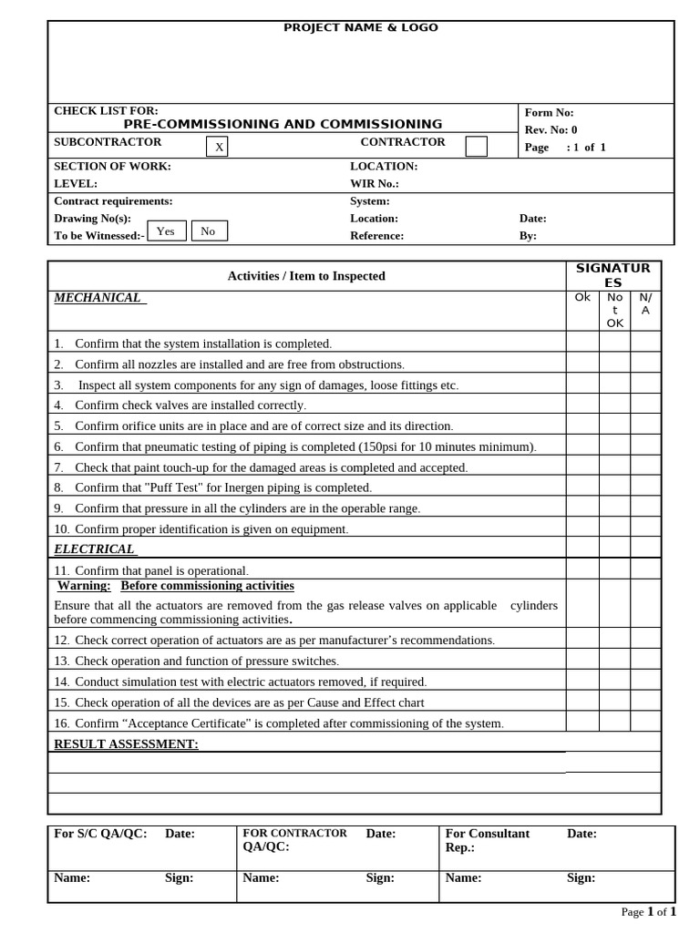 Pre-Commessioning Checklist For Clean Agent System | PDF