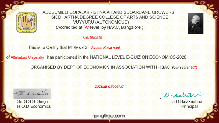 Certificate For Ayushi Kesarwani For - NATIONAL LEVEL E-QUIZ ON EC... | PDF