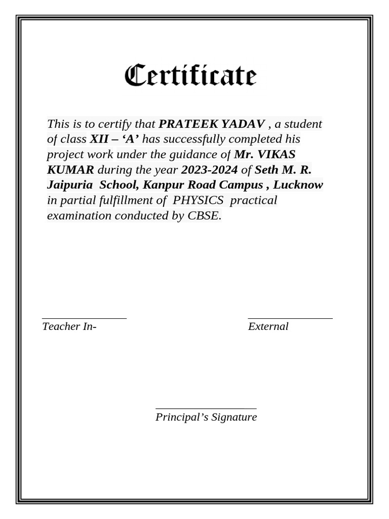Physics Project File (Certificate) | PDF