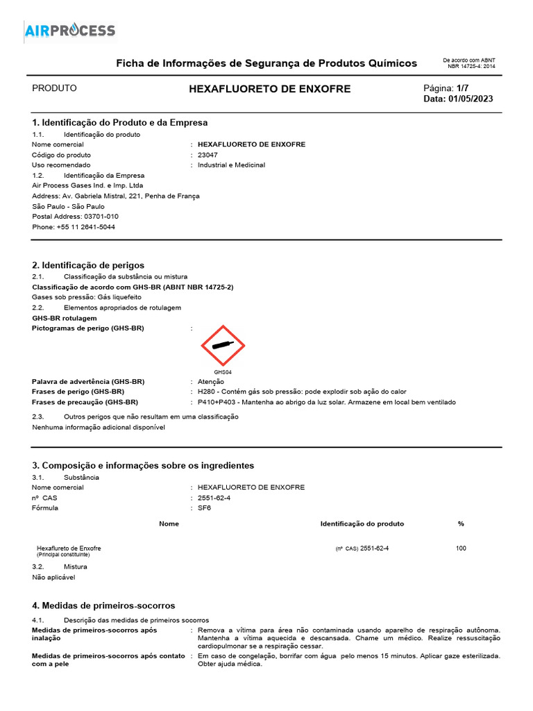 FISPQ 006 Hexaflureto de Enxofre (SF6) | PDF