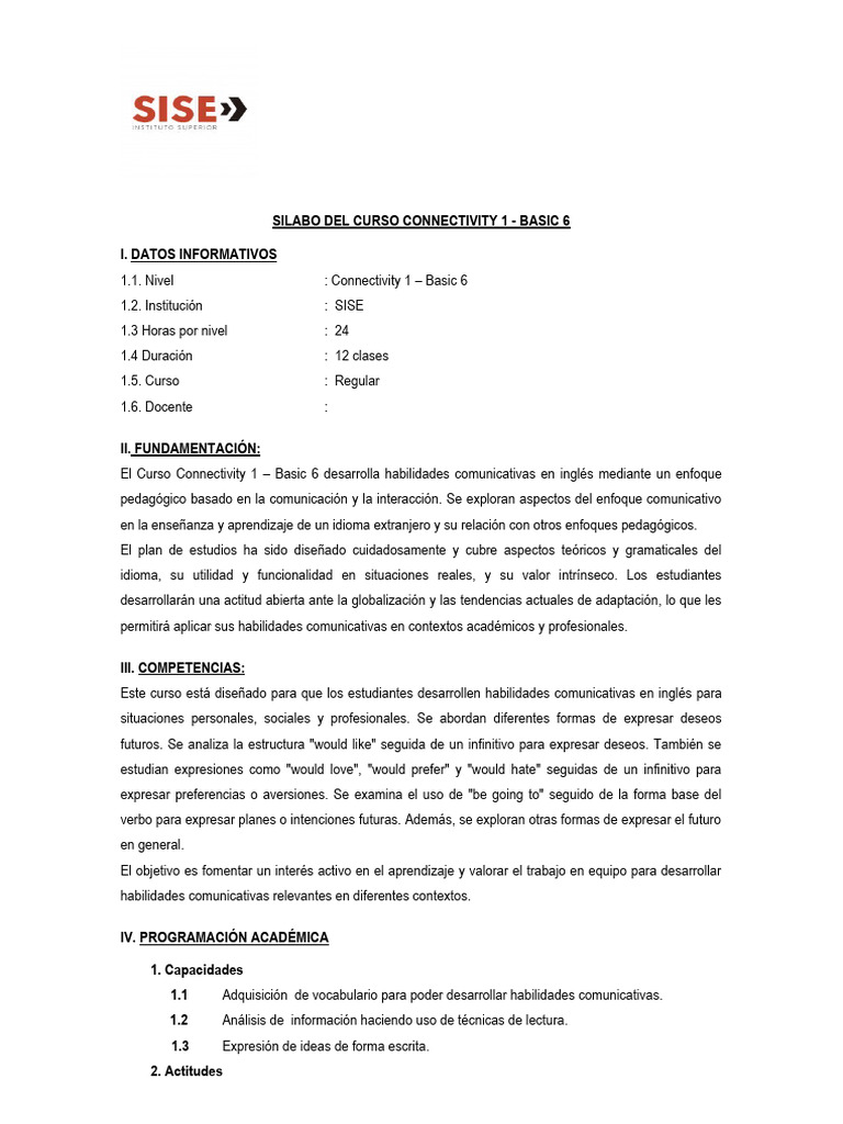 Silabus SISE Connectivity 1 - BASIC 6 | PDF