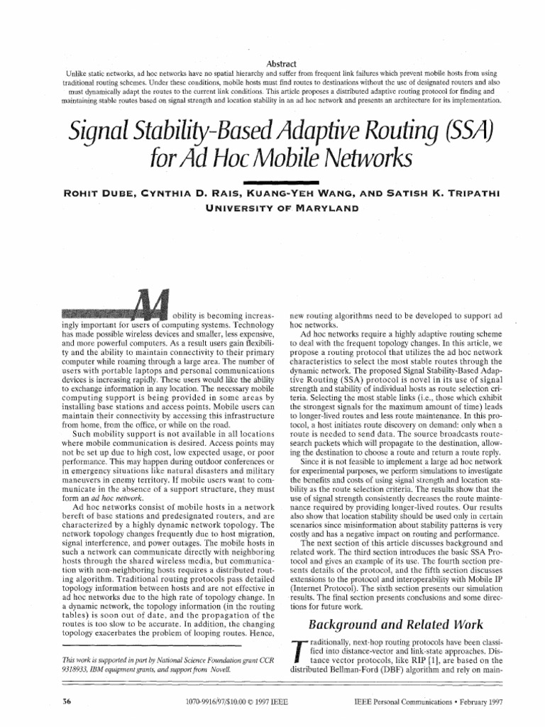 3 Signal Stability-Based Adaptive Routing (SSA) For Ad Hoc Mobile Networks | PDF
