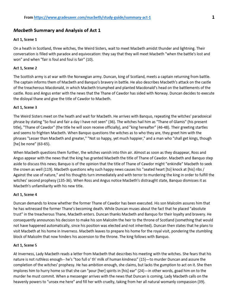 Macbeth Summary and Analysis of Acts 1 and 2 | PDF | Macbeth