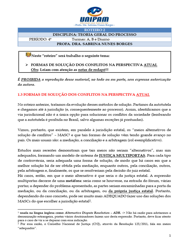 Roteiro 2 - TGP - MASC - Profa Dra Sabrina Nunes | PDF