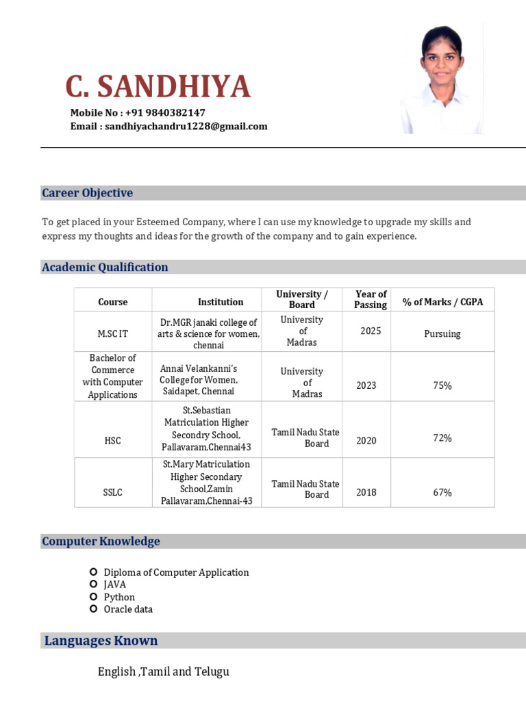 Sandhiya Resume New | PDF