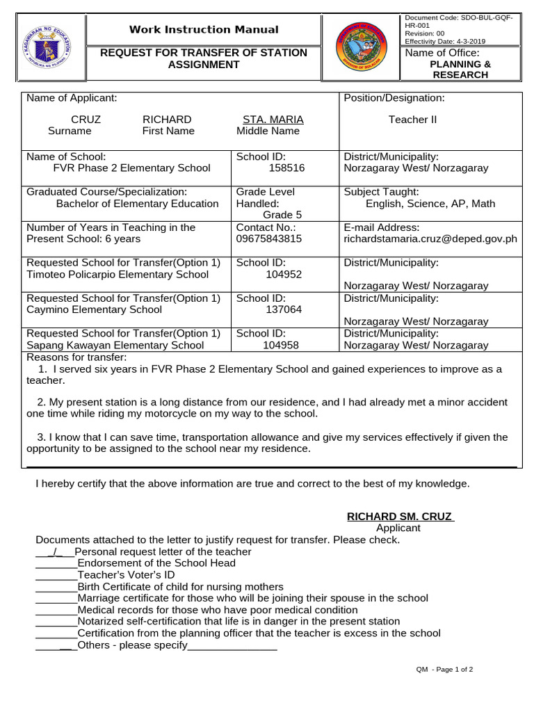 Request For Transfer of Station Assignment - Form | PDF