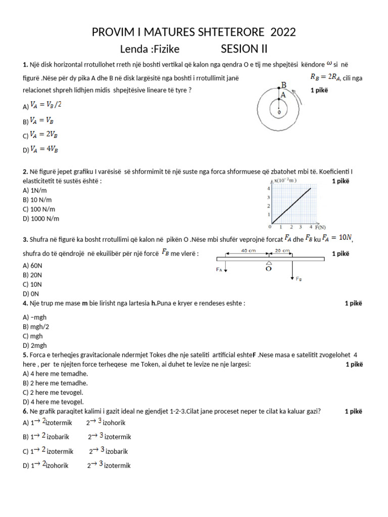 PROVIMI FIZIKE Ses II 2022 | PDF