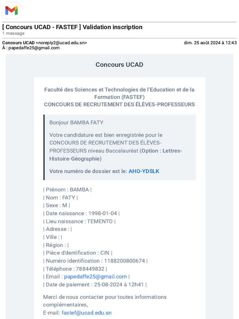 Fiche D'inscription BAMBA FATY | PDF