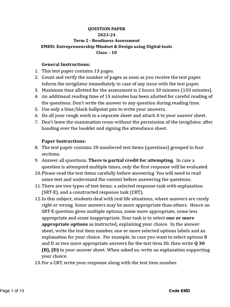 Question Paper EMDD 23-24 Class 10 Term 2 Readiness | PDF