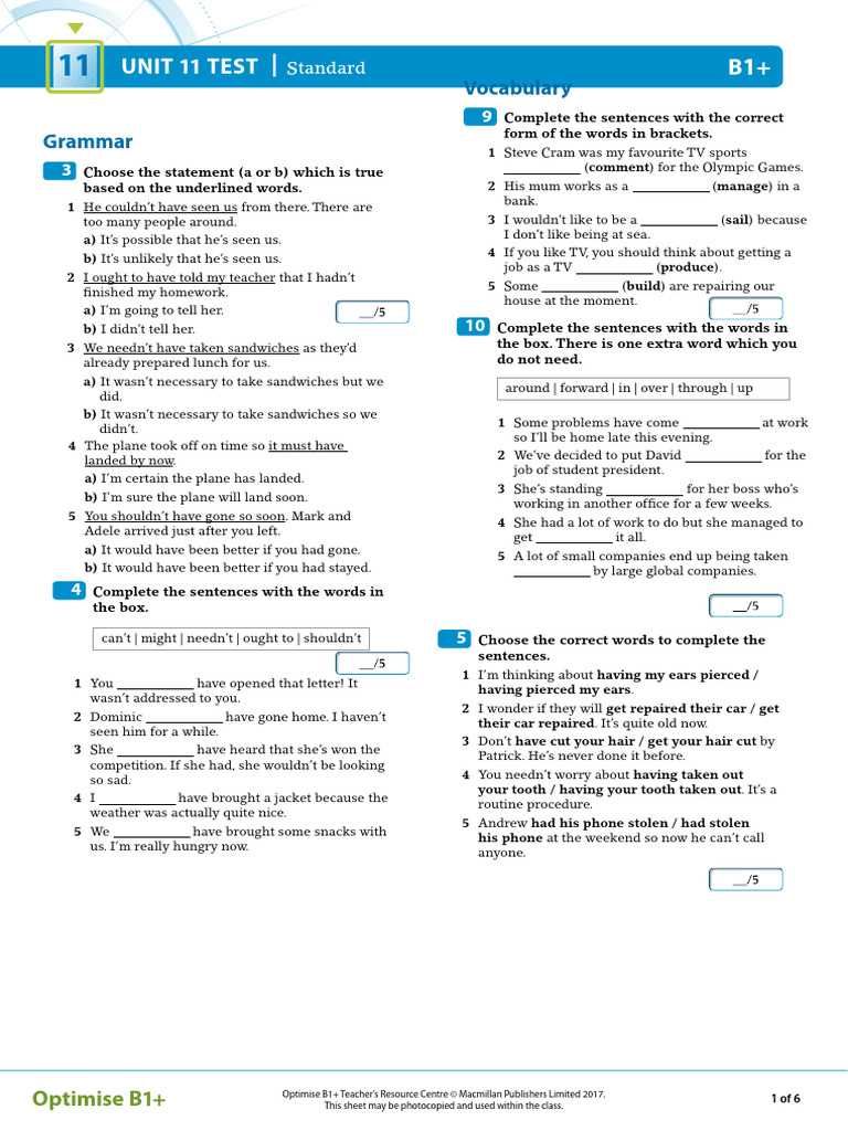 OPT B1plus Unit Test 11 Standard | PDF