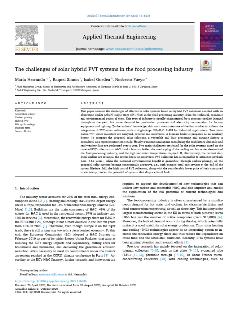 The Challenges of Solar Hybrid PVT Systems in The Food Processing ...