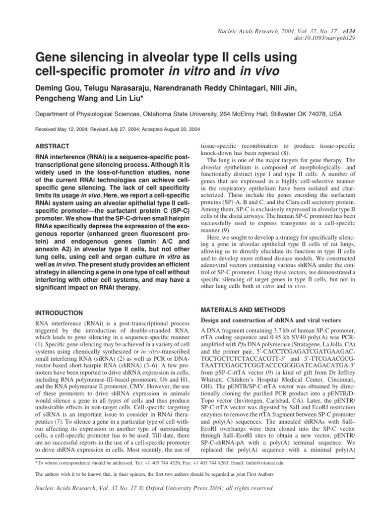 Gene Silencing in Alveolar Type II Cells Using Cell-Specific Promoter in Vitro and in Vivo | PDF