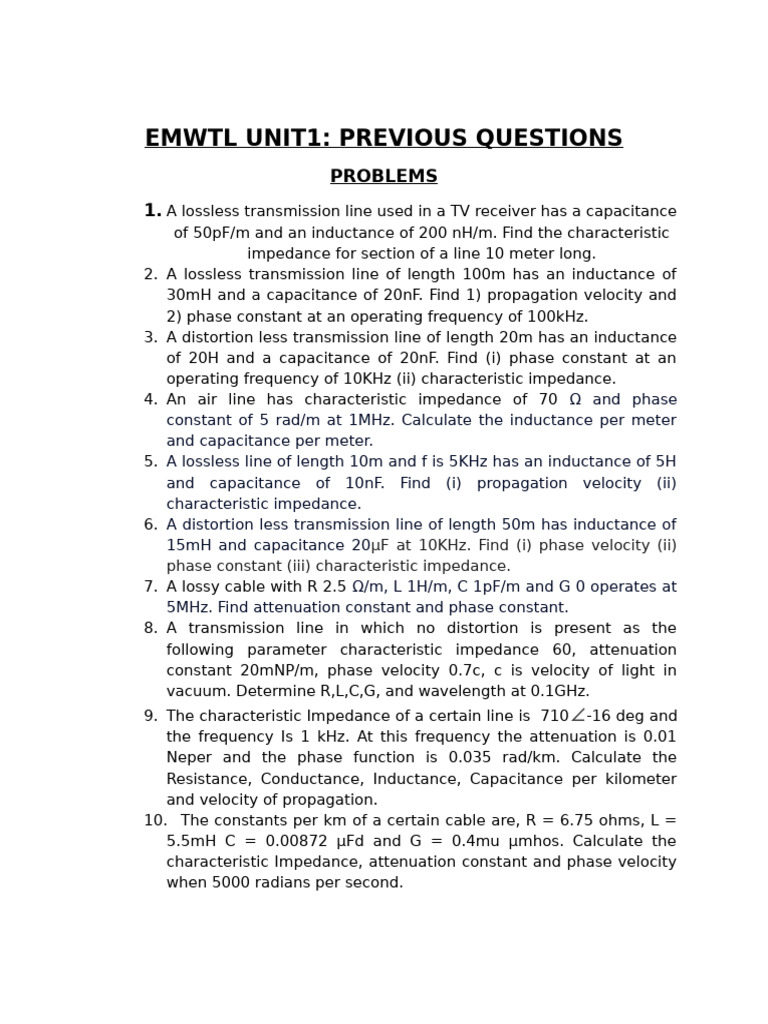 Emwtl Unit1 Previous Questionss | PDF | Transmission Line | Oscillation